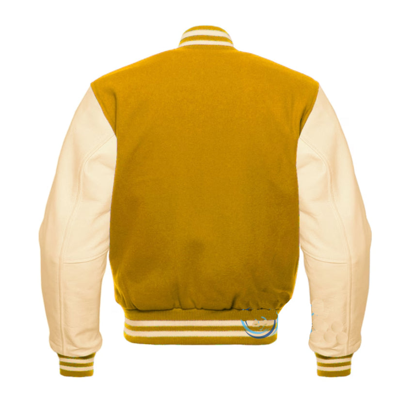 "Varsity Letterman Yellow Wool Jacket with Leather Sleeves | Stylish ...